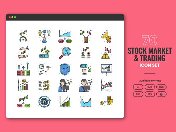 70 Stock Trading Icon Set - Flat Icons