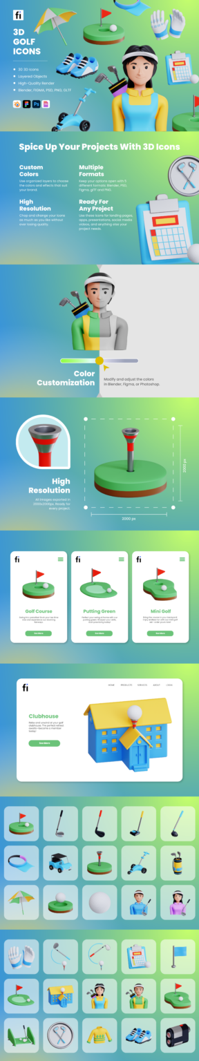 3D Golf Icon Set - Flat Icons