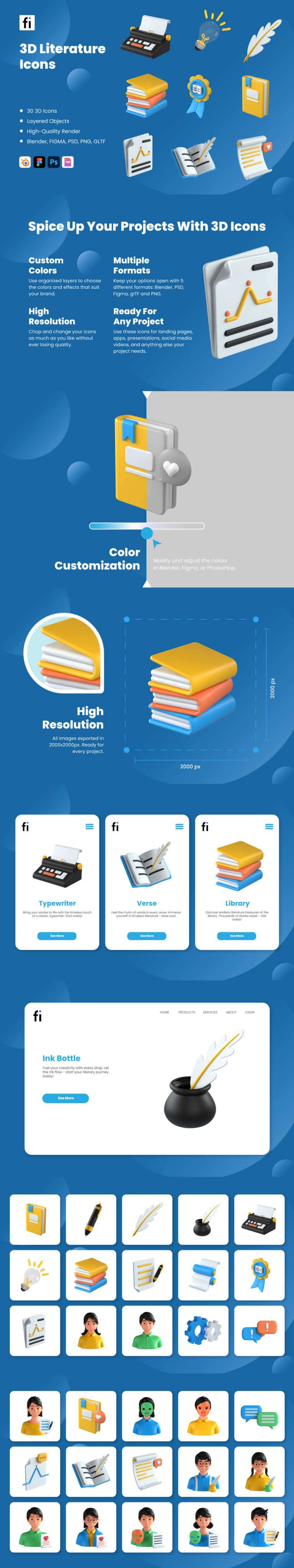 3D Literature Icon Set - Flat Icons