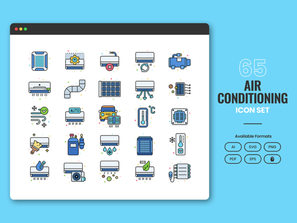 65 Air Conditioner Icon Set - Flat Icons