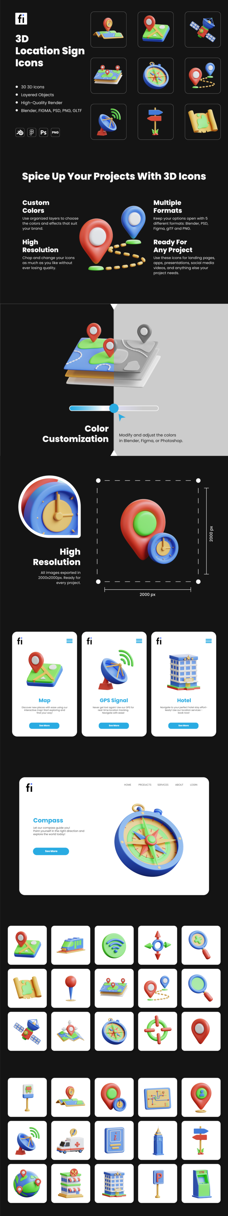 3D Location Sign Icon Set - Flat Icons