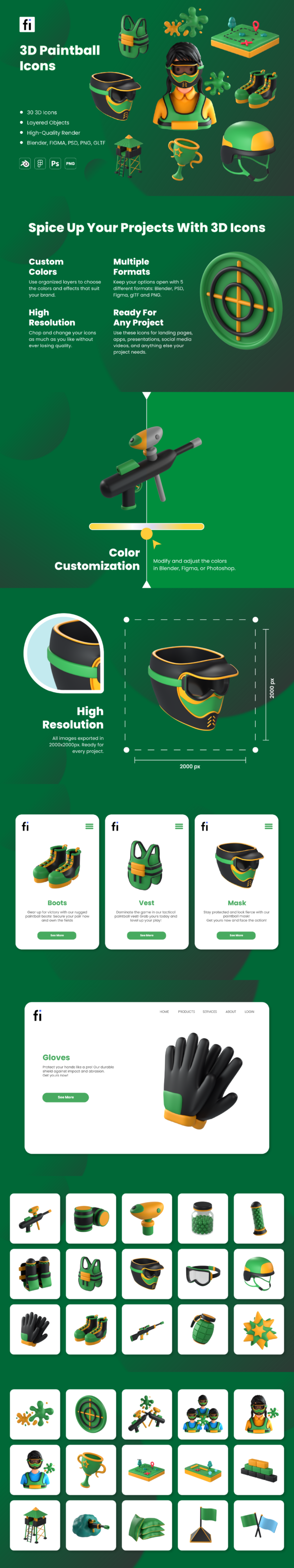 3D Paintball Icon Set - Flat Icons