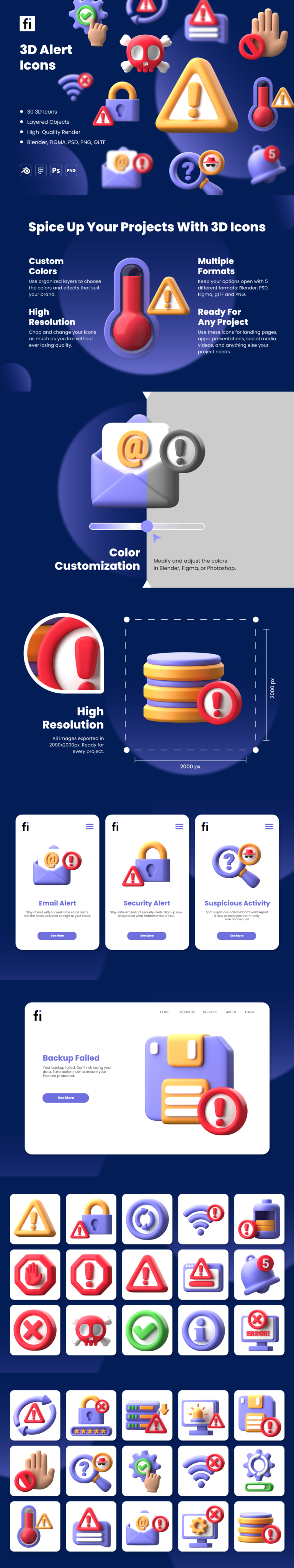 3D Alert Icon Set - Flat Icons