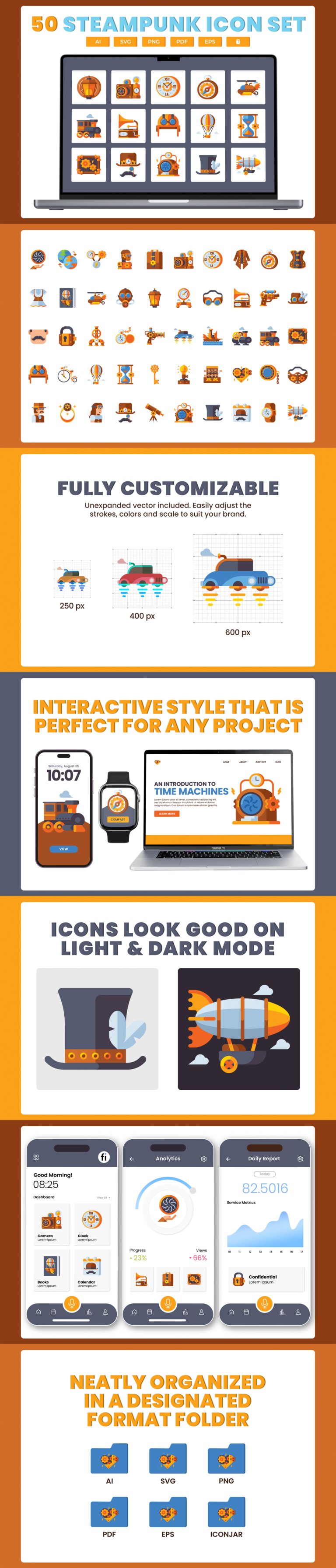 50 Retro-futurism Icon Set - Flat Icons