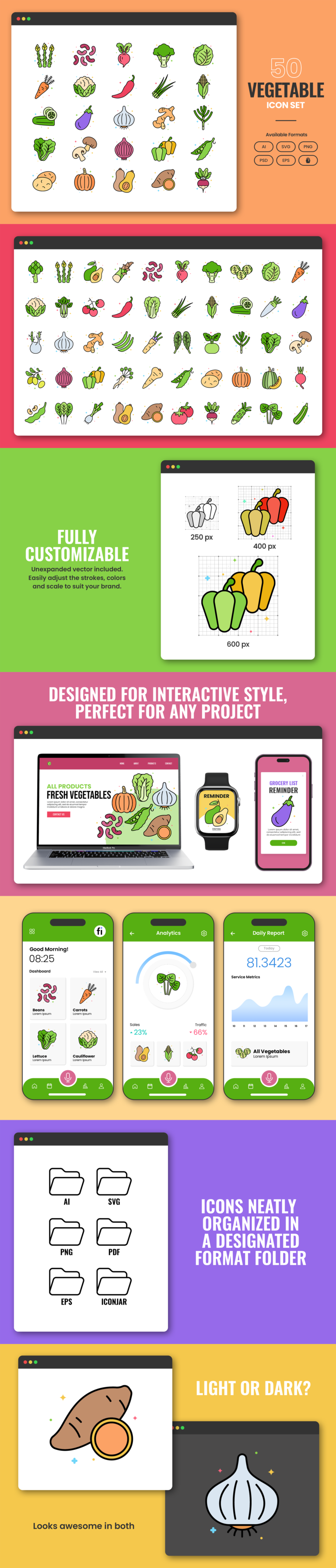 50 Vegetable Icon Set - Flat Icons