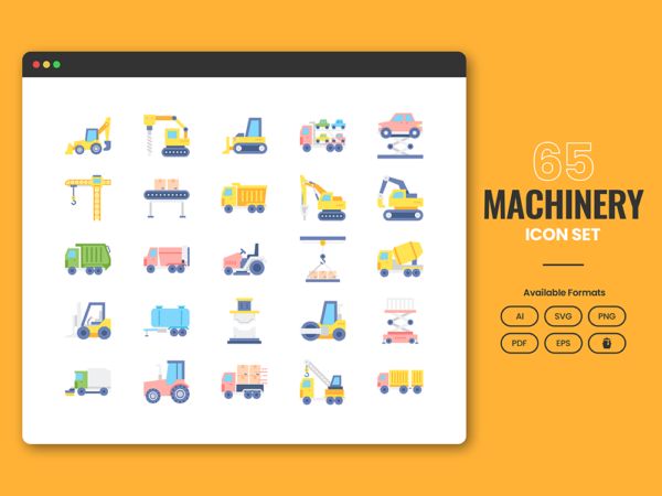 65 Heavy Equipment Icon Set - Flat Icons