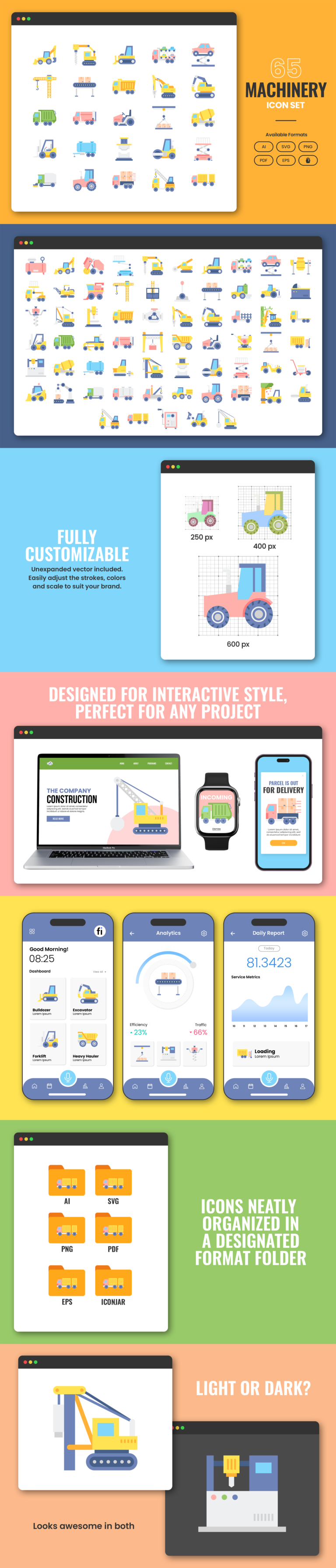 65 Heavy Equipment Icon Set - Flat Icons