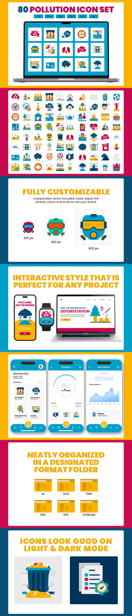 80 Contamination Icon Set - Flat Icons