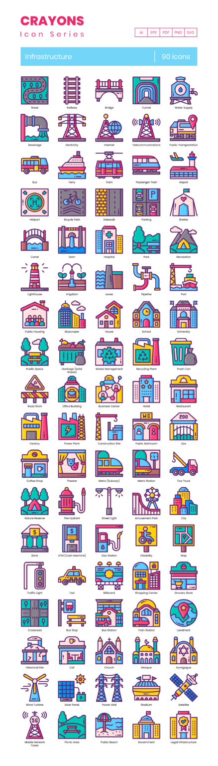 90 Infrastructure Facilities Icon Set - Flat Icons
