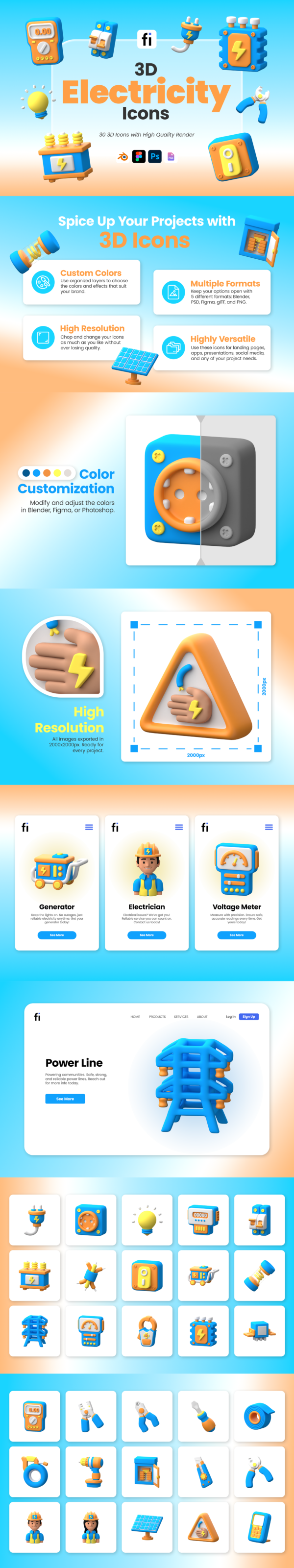 3D Electricity Icon Set - Flat Icons
