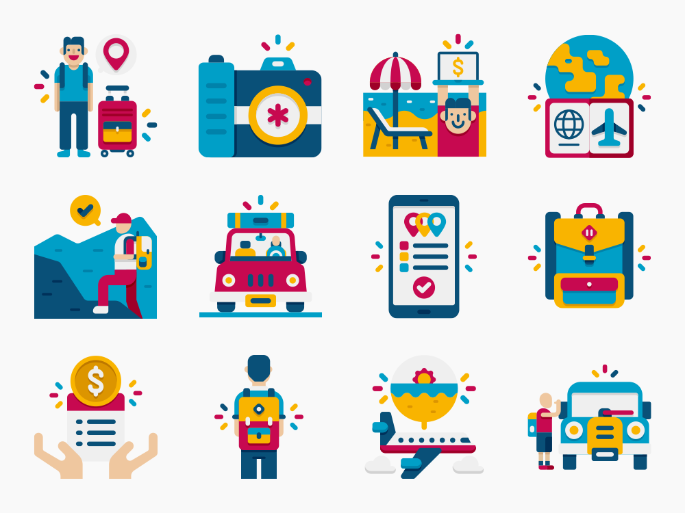 50 Solo Trip Vacation Icon Set - Flat Icons