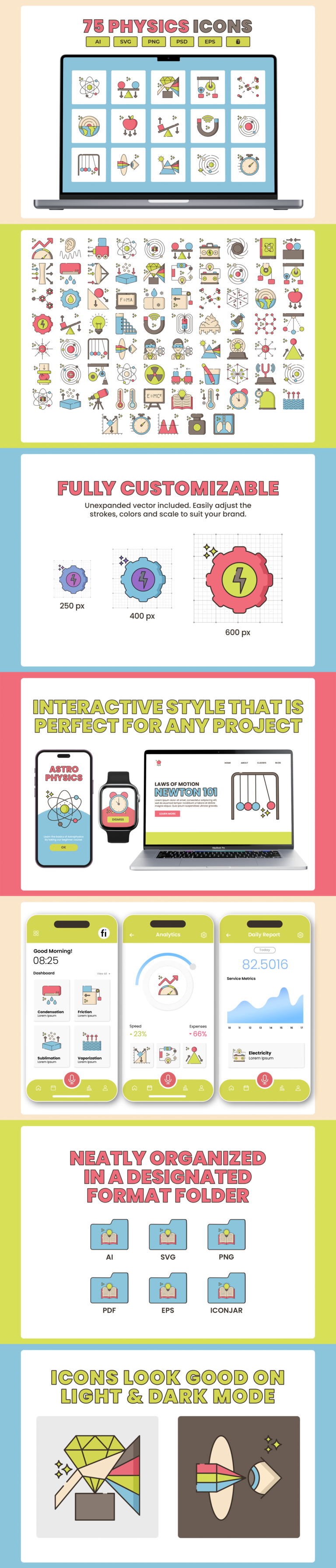 75 Physics Science Icon Set - Flat Icons