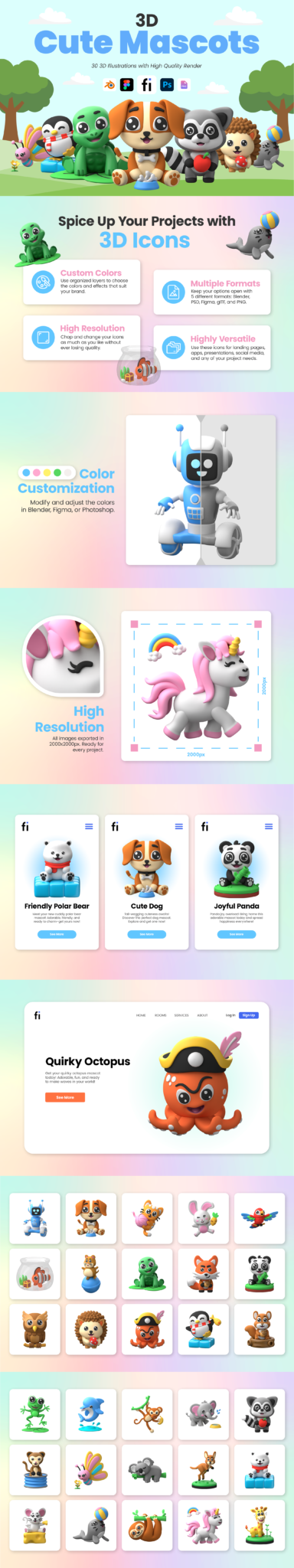 3D Cute Mascots Icon Set - Flat Icons