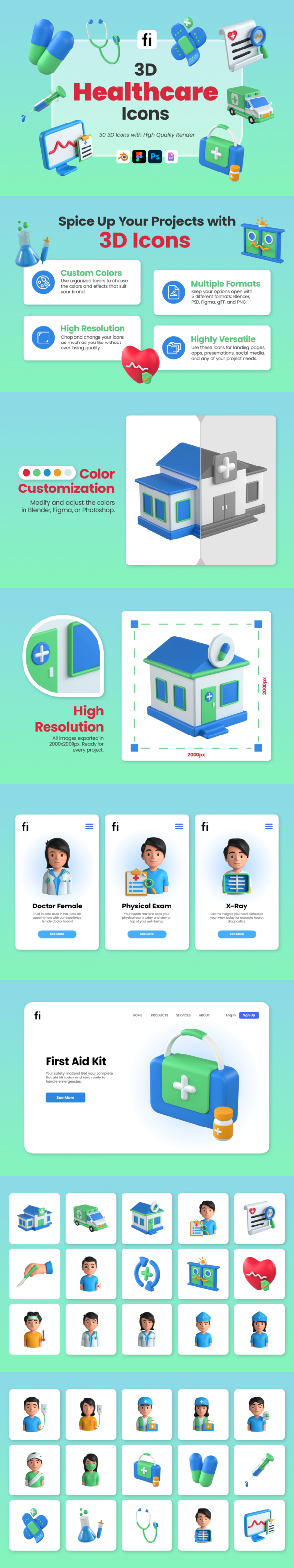 3D Healthcare Icon Set - Flat Icons