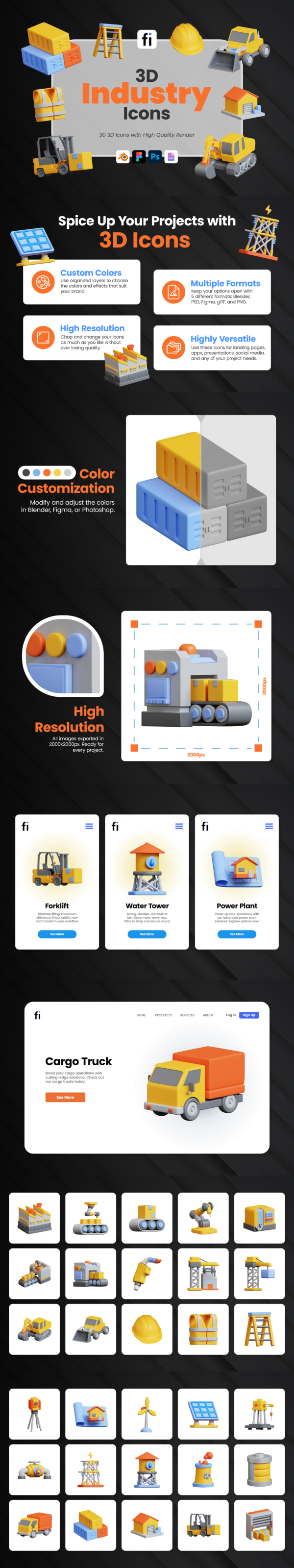 3D Industry Icon Set - Flat Icons