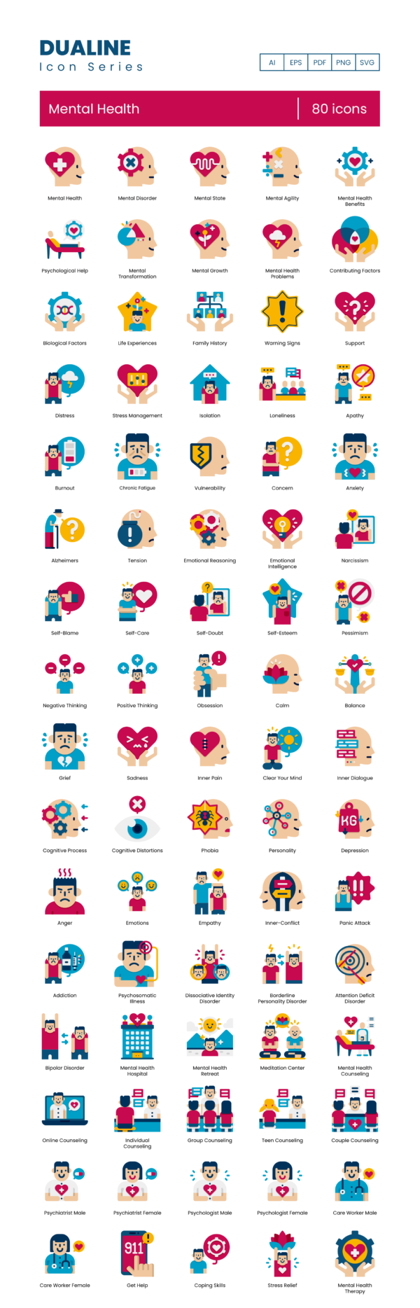 80 Emotional Well-being Icon Set - Flat Icons
