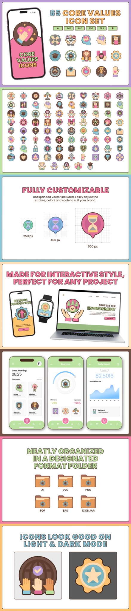 85 Core Beliefs Icon Set - Flat Icons