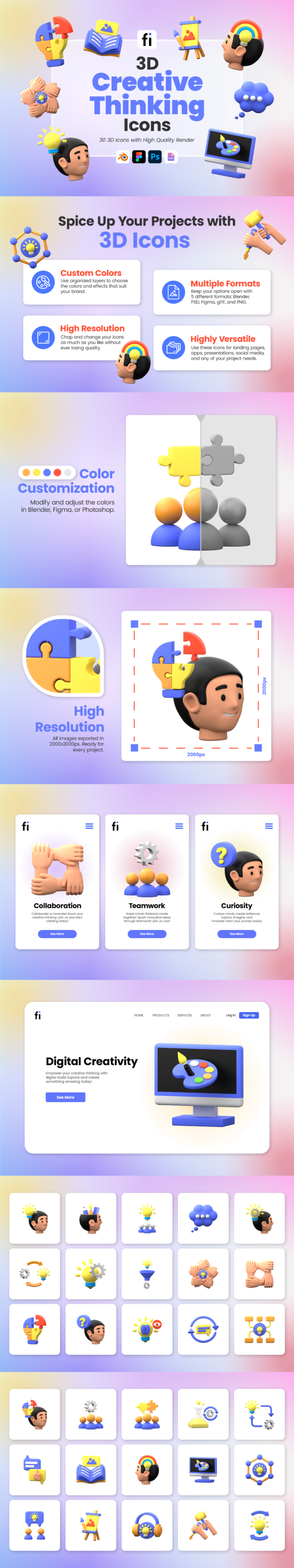 3D Creative Thinking Icon Set - Flat Icons