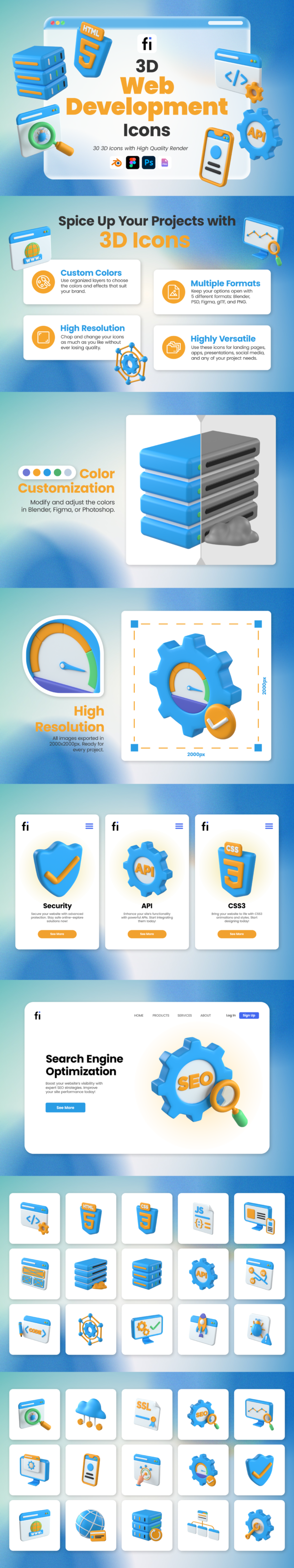 3D Web Development Icon Set - Flat Icons