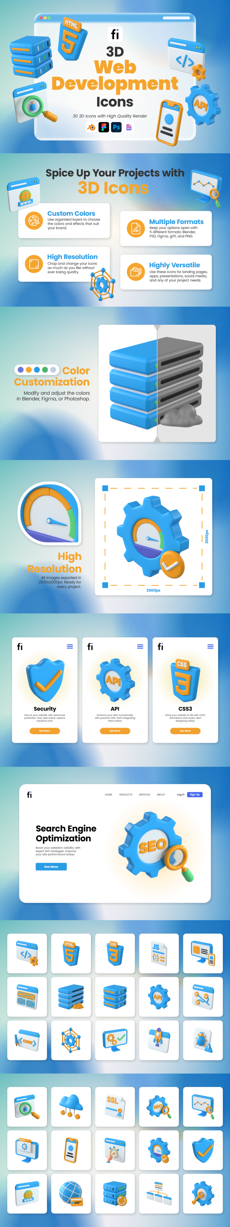 3D Web Development Icon Set - Flat Icons