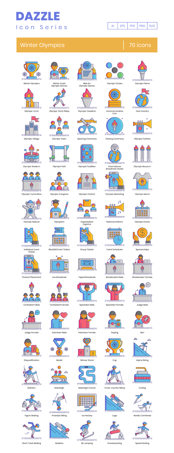 70 Winter Olympics Icon Set - Flat Icons