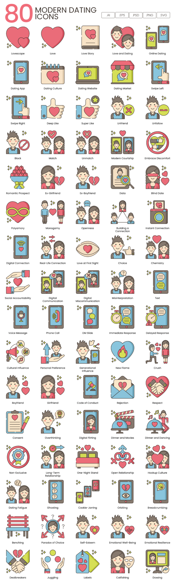80 Modern Dating Icon Set - Flat Icons