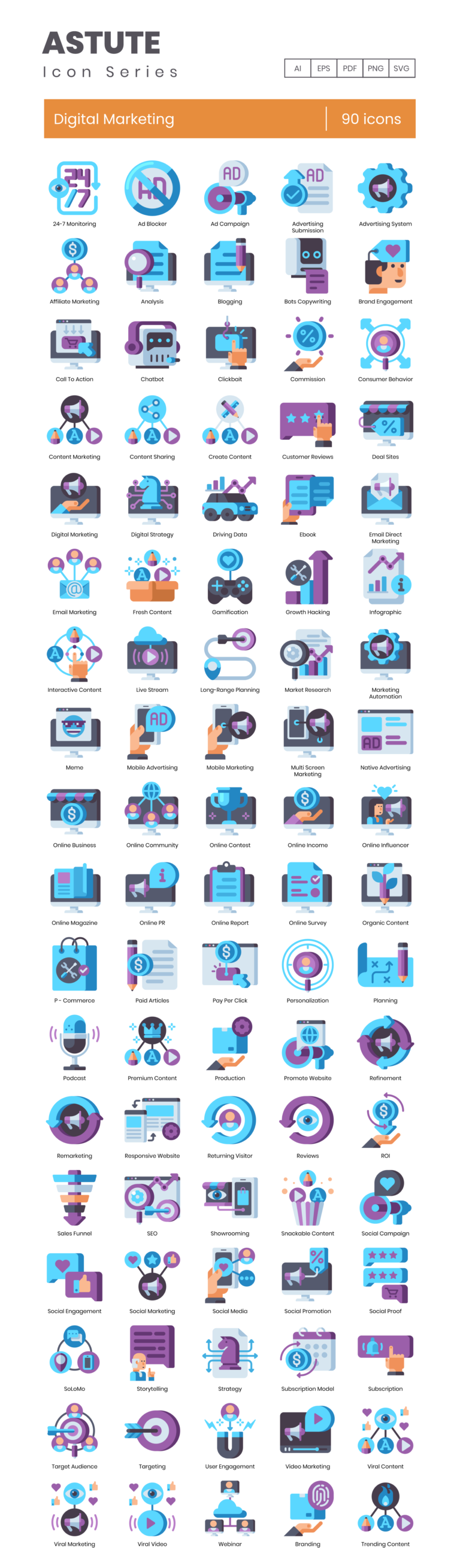 90 Online Advertising Icon Set - Flat Icons