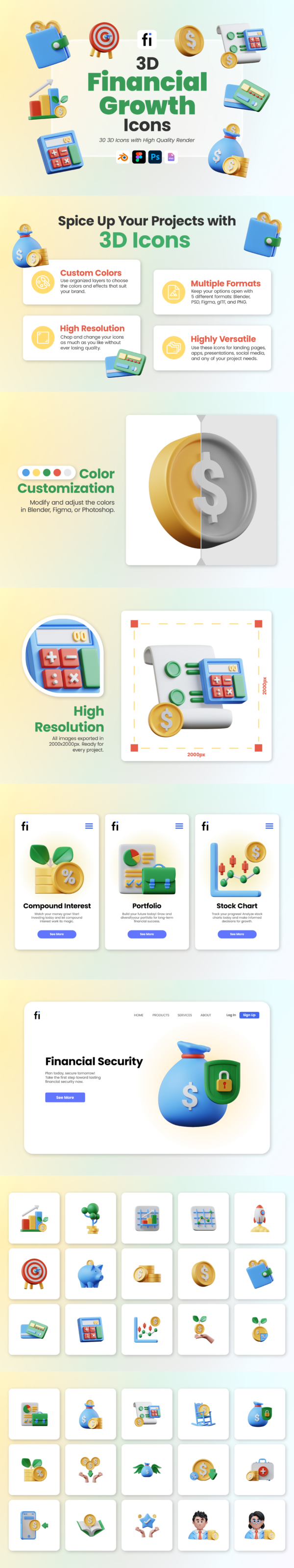 3D Financial Growth Icon Set - Flat Icons