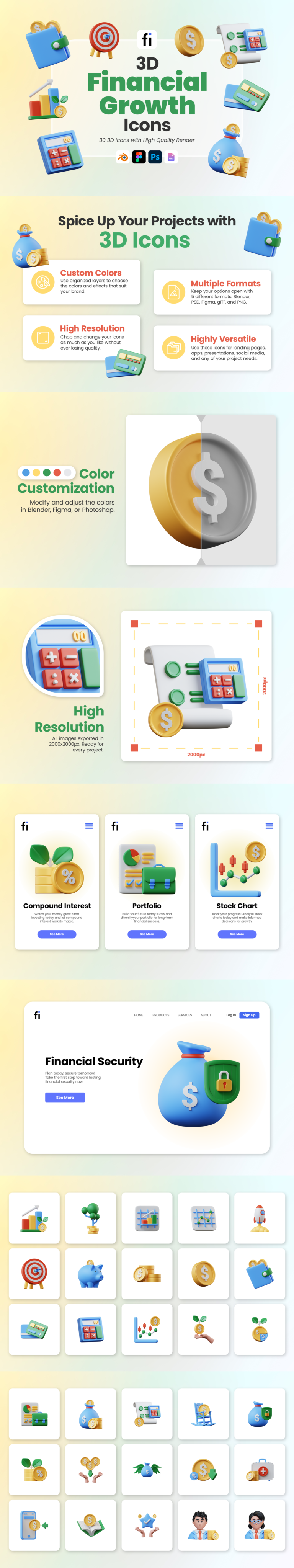 3D Financial Growth Icon Set - Flat Icons