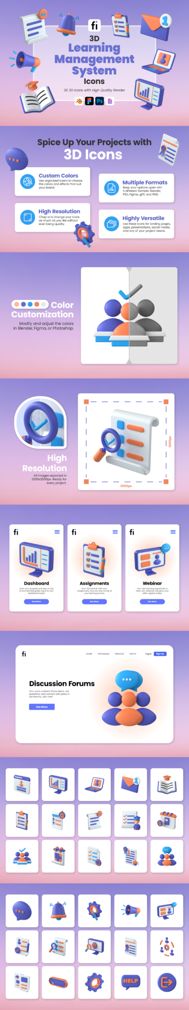 3D Learning Management System Icon Set - Flat Icons