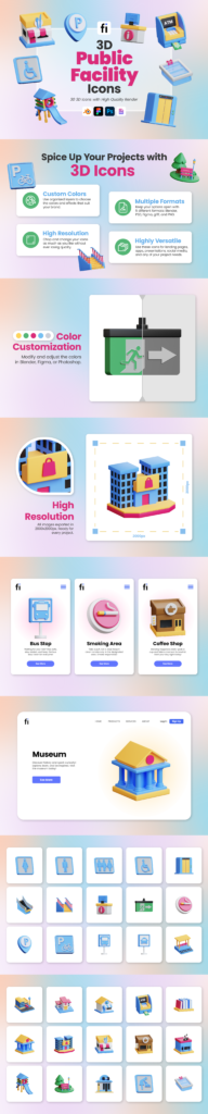 3D Public Facility Icon Set - Flat Icons