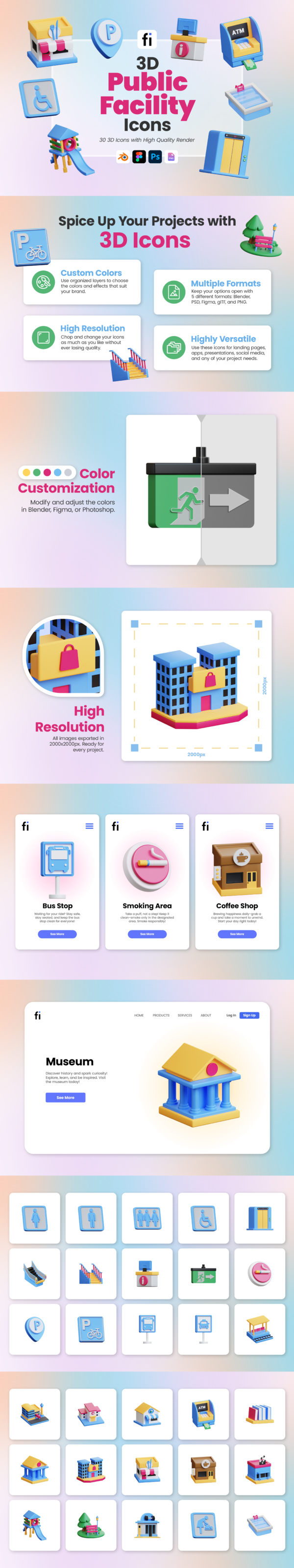 3D Public Facility Icon Set - Flat Icons