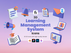 3D Learning Management System Icon Set - Flat Icons