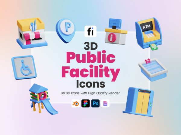 3D Public Facility Icon Set - Flat Icons