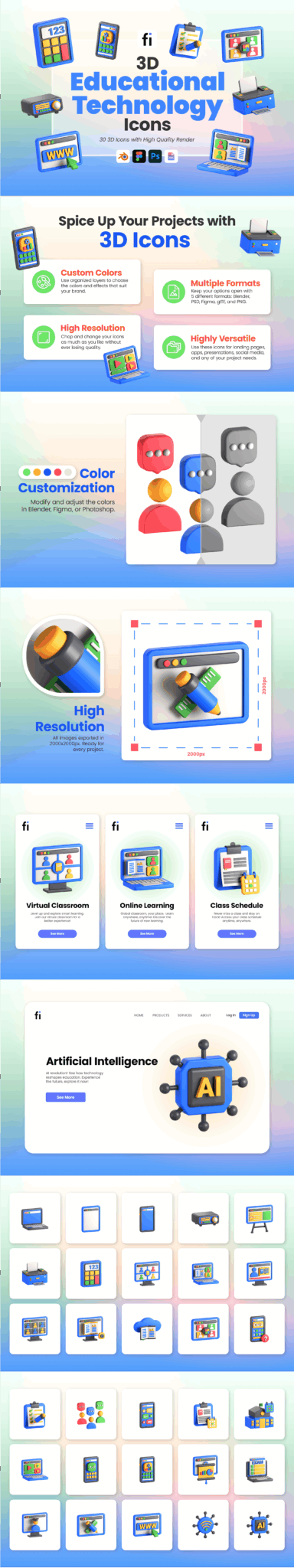 3D Educational Technology Icon Set - Flat Icons