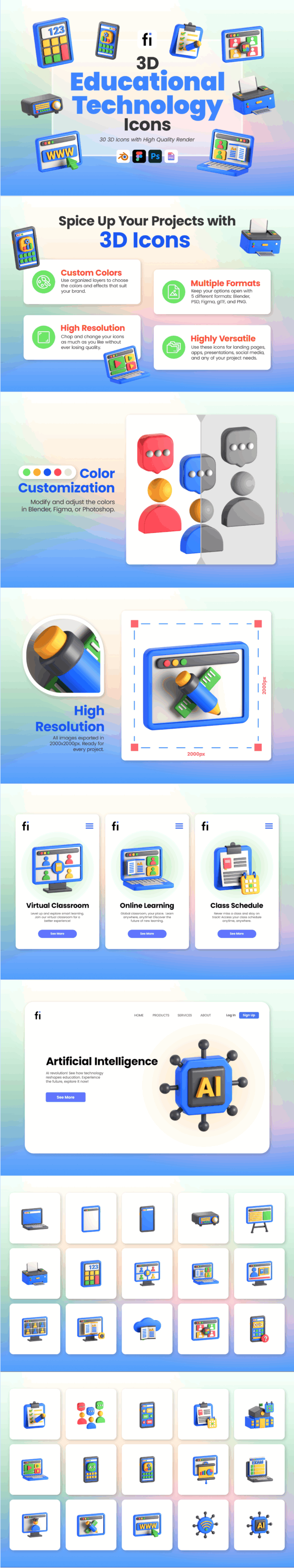 3D Educational Technology Icon Set - Flat Icons