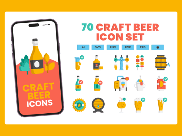 70 Handcrafted Beer Icon Set - Flat Icons