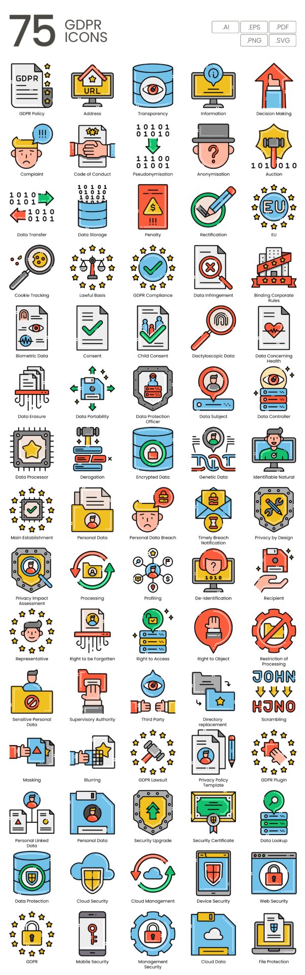 75 GDPR Icon Set - Flat Icons