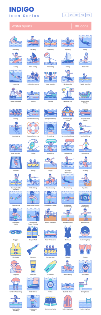 80 Aquatic Sports Icon Set - Flat Icons