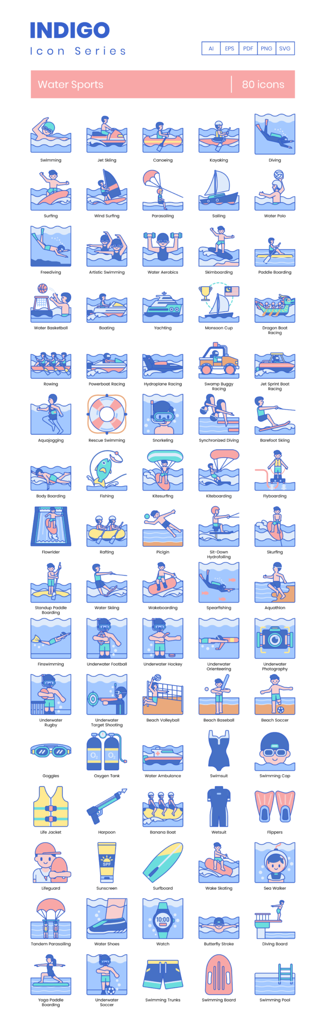 80 Aquatic Sports Icon Set - Flat Icons