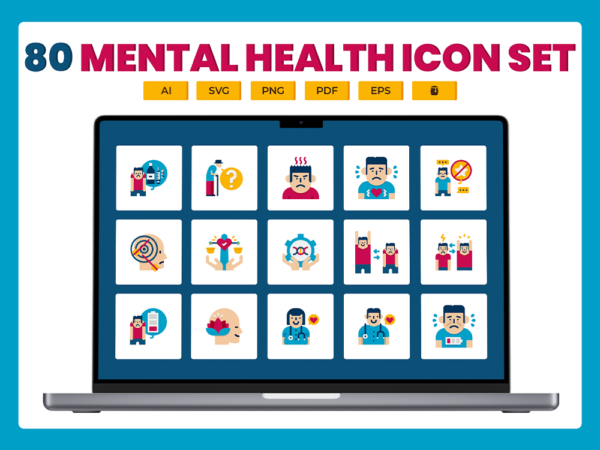 80 Emotional Well-being Icon Set - Flat Icons
