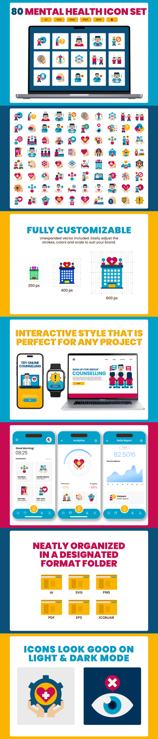 80 Emotional Well-being Icon Set - Flat Icons