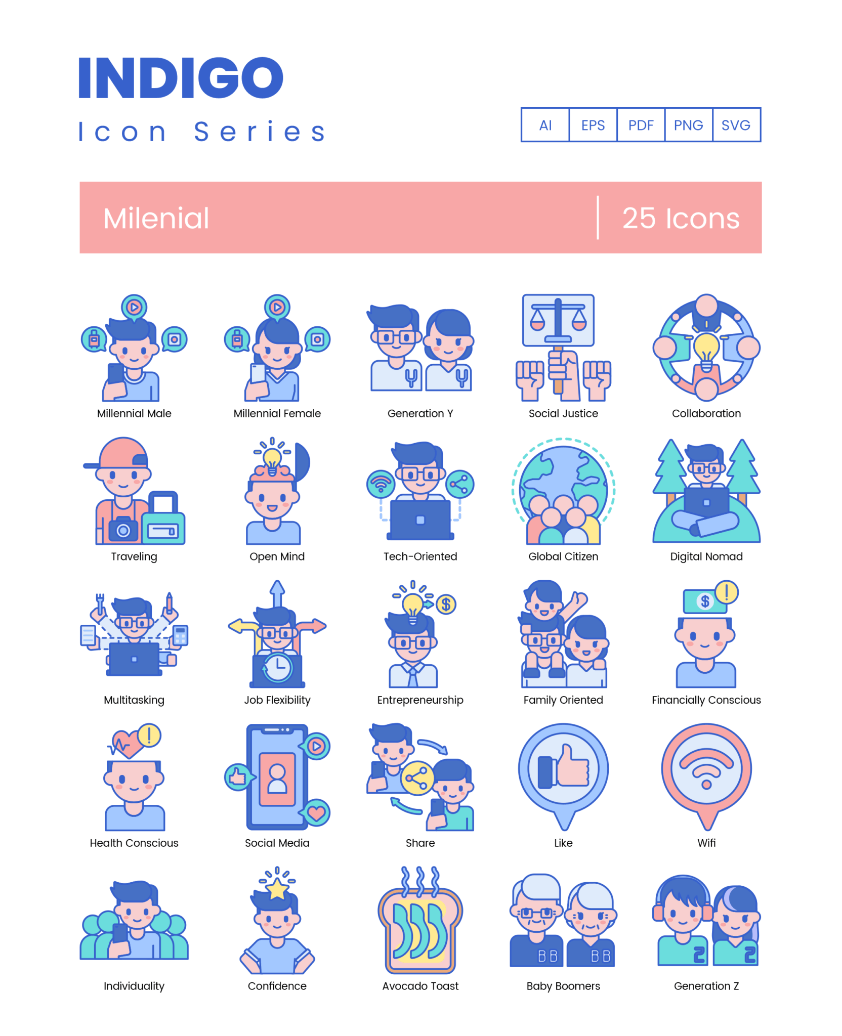 25 Millennial Icon Set - Flat Icons