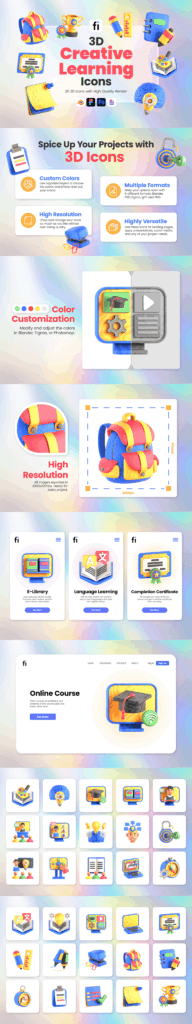 3D Creative Learning Icon Set - Flat Icons