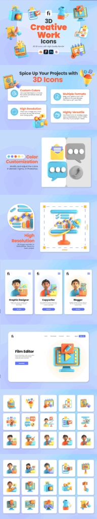 3D Creative Work Icon Set - Flat Icons