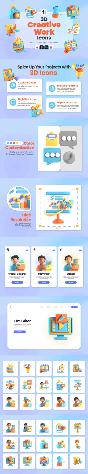 3D Creative Work Icon Set - Flat Icons