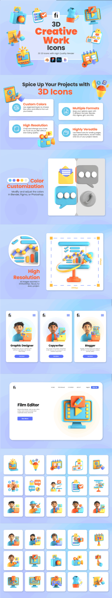 3D Creative Work Icon Set - Flat Icons