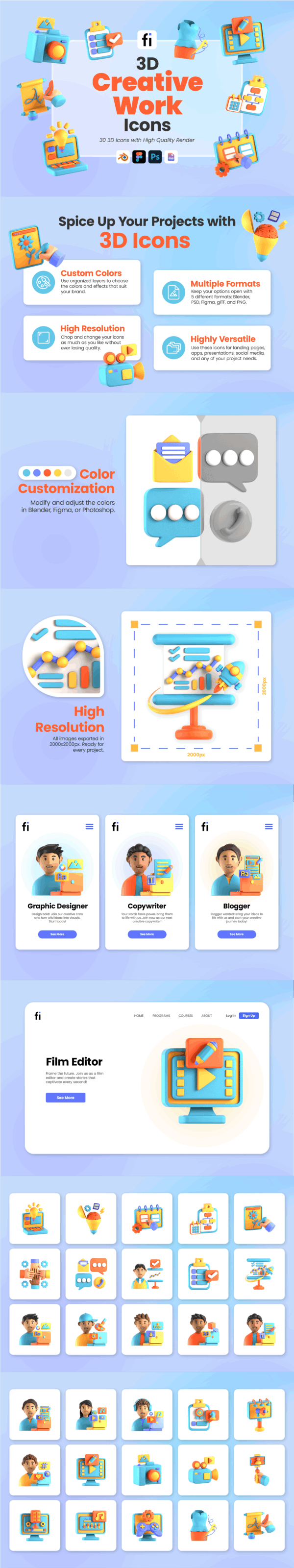 3D Creative Work Icon Set - Flat Icons