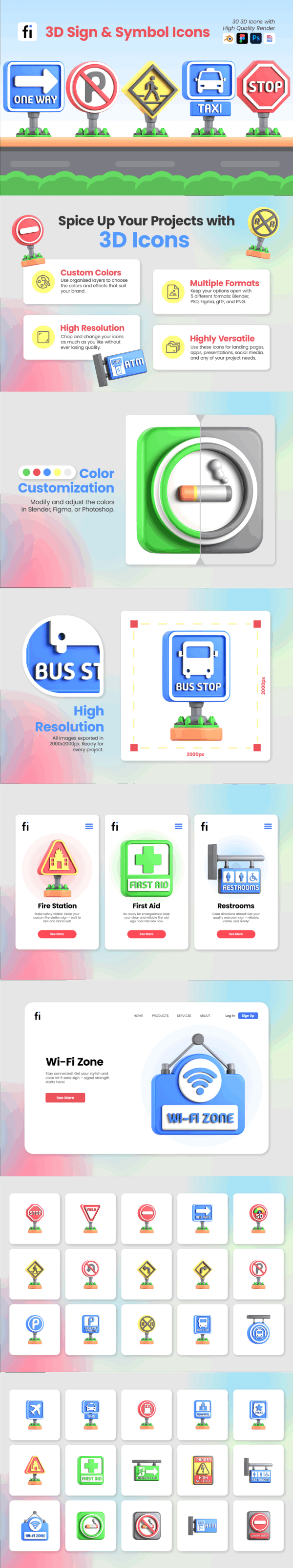 3D Sign & Symbol Icon Set - Flat Icons