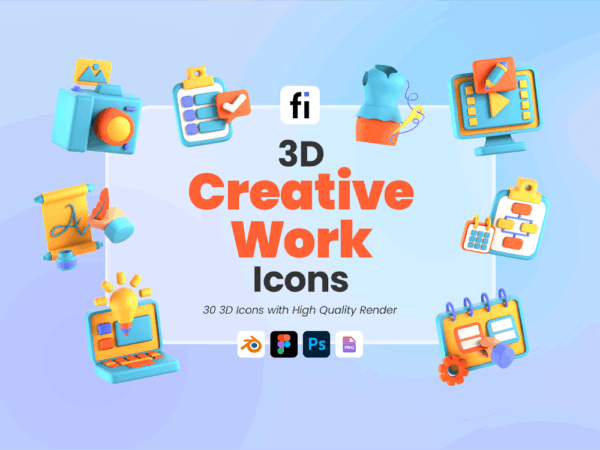 3D Creative Work Icon Set - Flat Icons